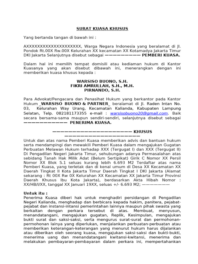 Surat Kuasa Khusus untuk Gugatan Tanah | PDF