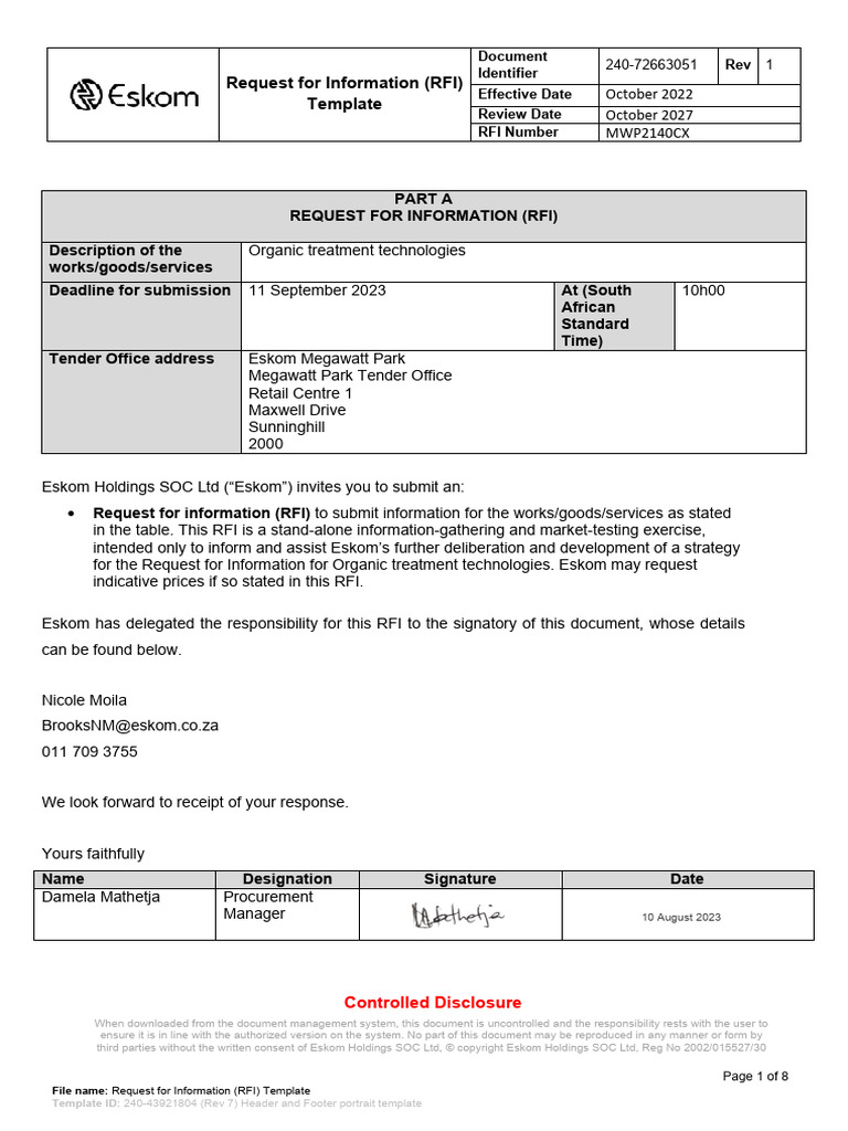 Request For Information (RFI) Template | PDF | Magnesium | Water ...