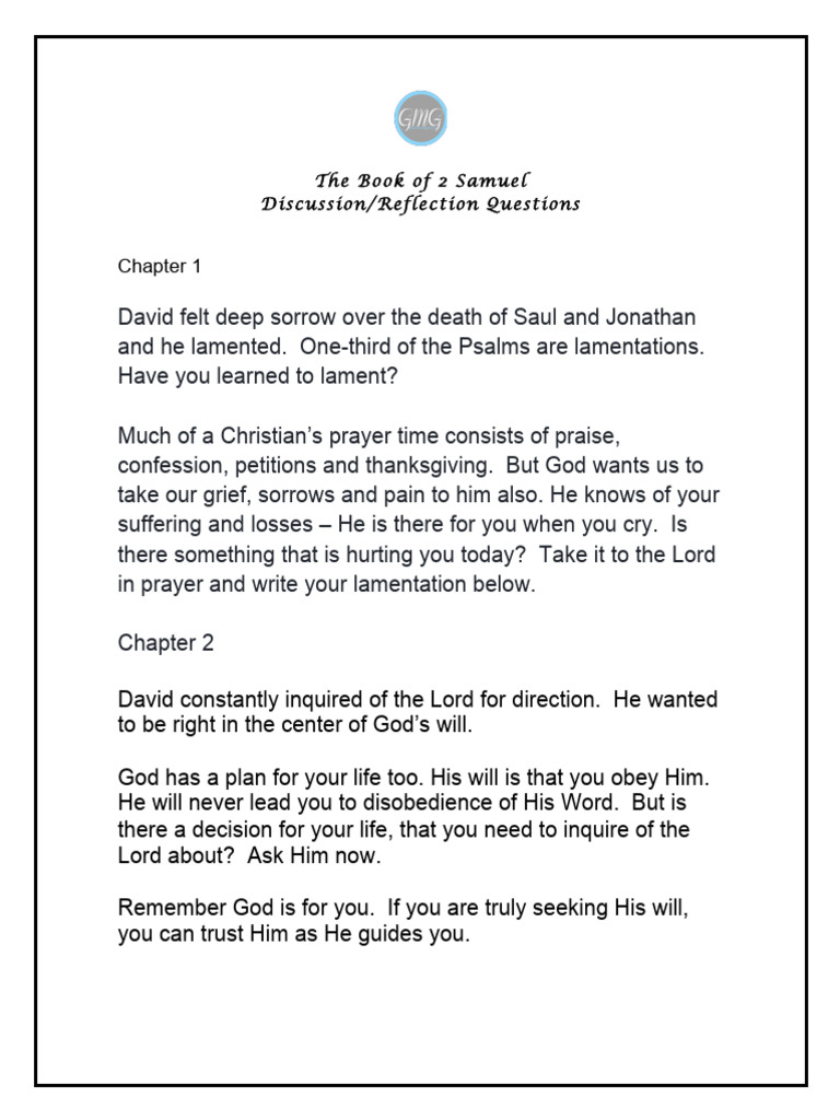 2 Samuel Reflection Questions Guide | PDF | David | Saul