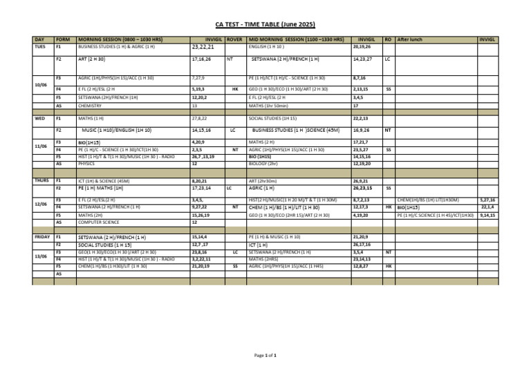CA Test Timetable Term 2 | PDF