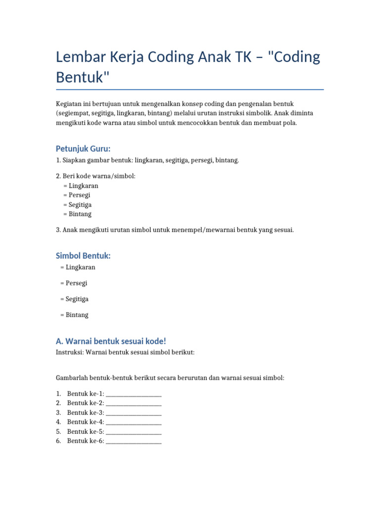 Lembar Kerja Coding TK Bentuk | PDF