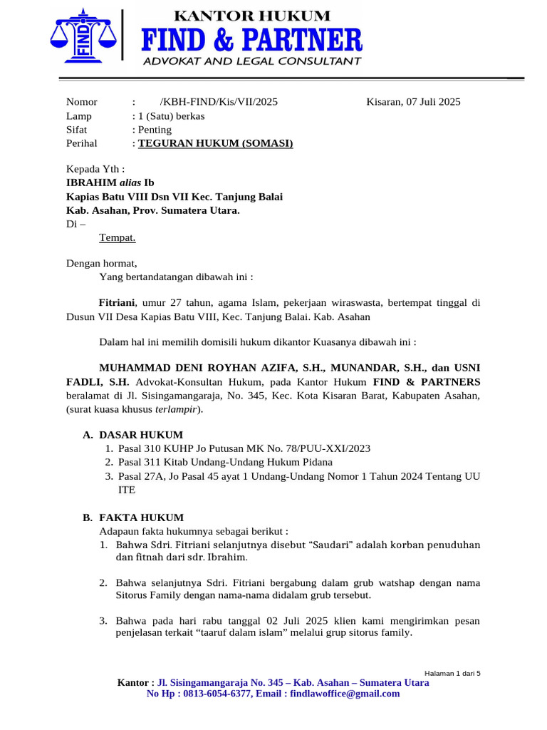 Surat Somasi Fitriani UU ITE | PDF