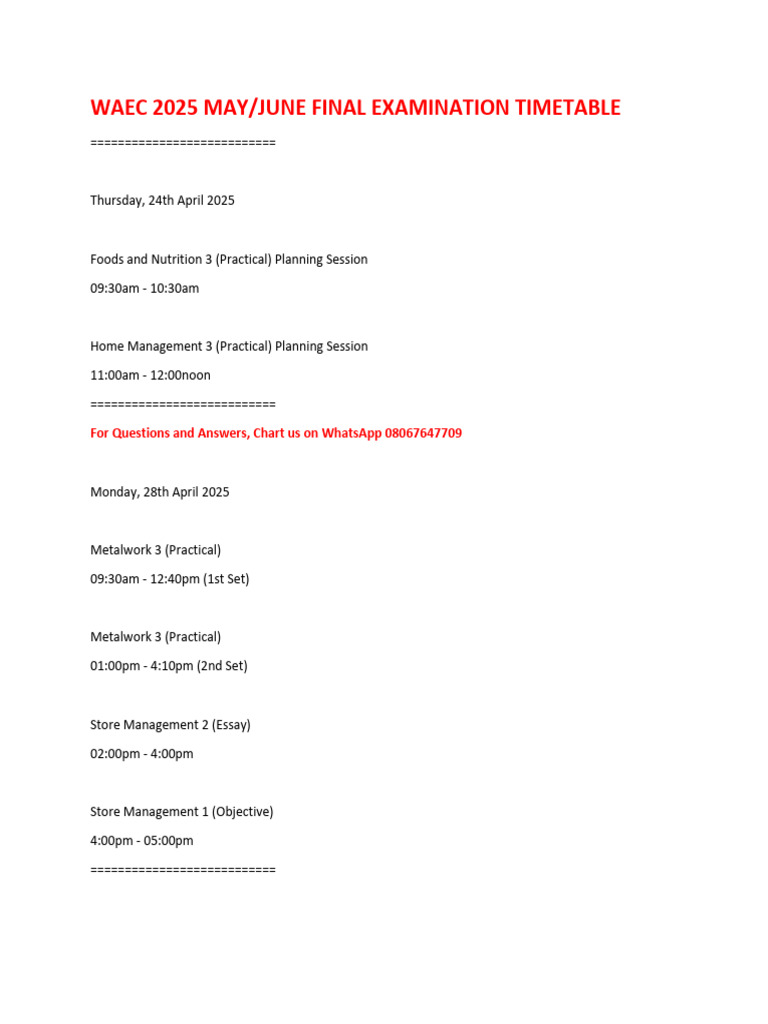 WAEC 2025 Exam Timetable Overview | PDF
