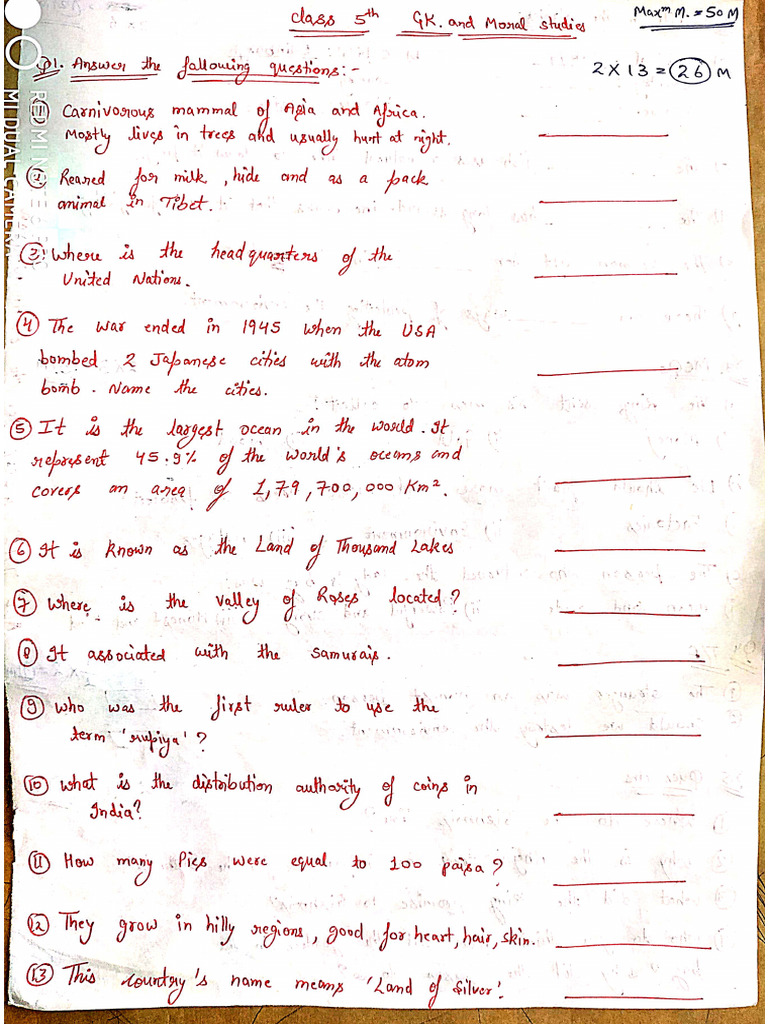 Class 5th GK - ML QP | PDF