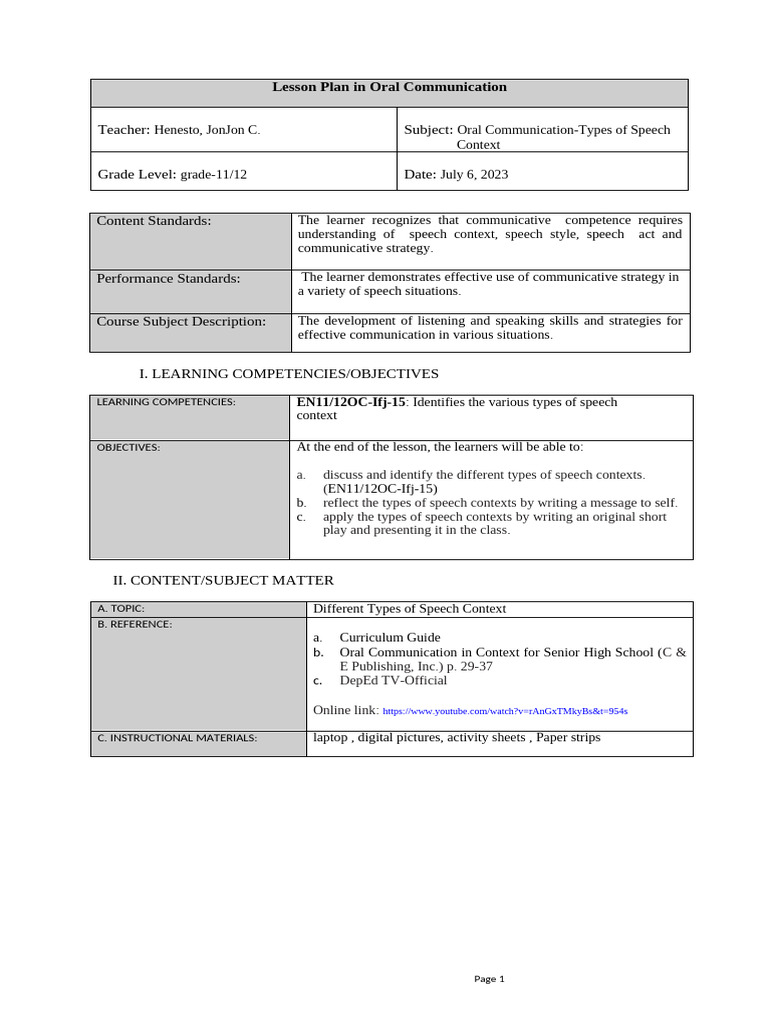 Lesson Plan in Oral Communication (SDLP) | PDF | Lesson Plan | Learning