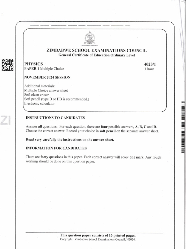 Physics 4023 P1 O Level November 2024 105908 | PDF | Hertz | Force