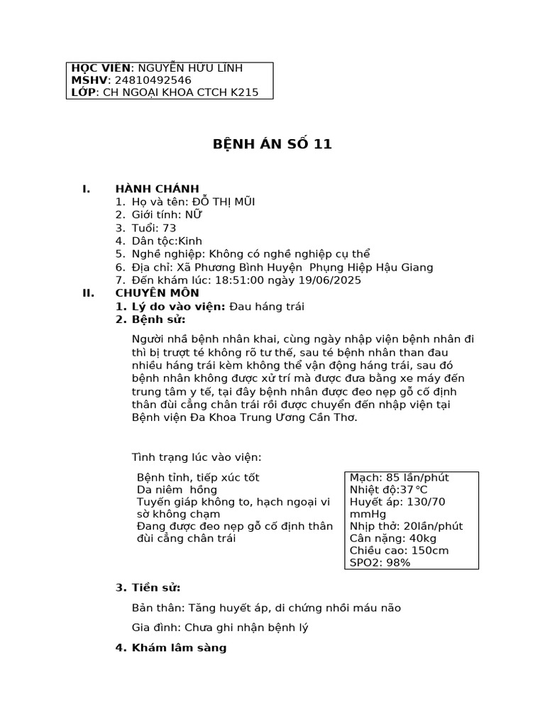Bệnh Án Số 11: Học Viên Mshv LỚP | PDF