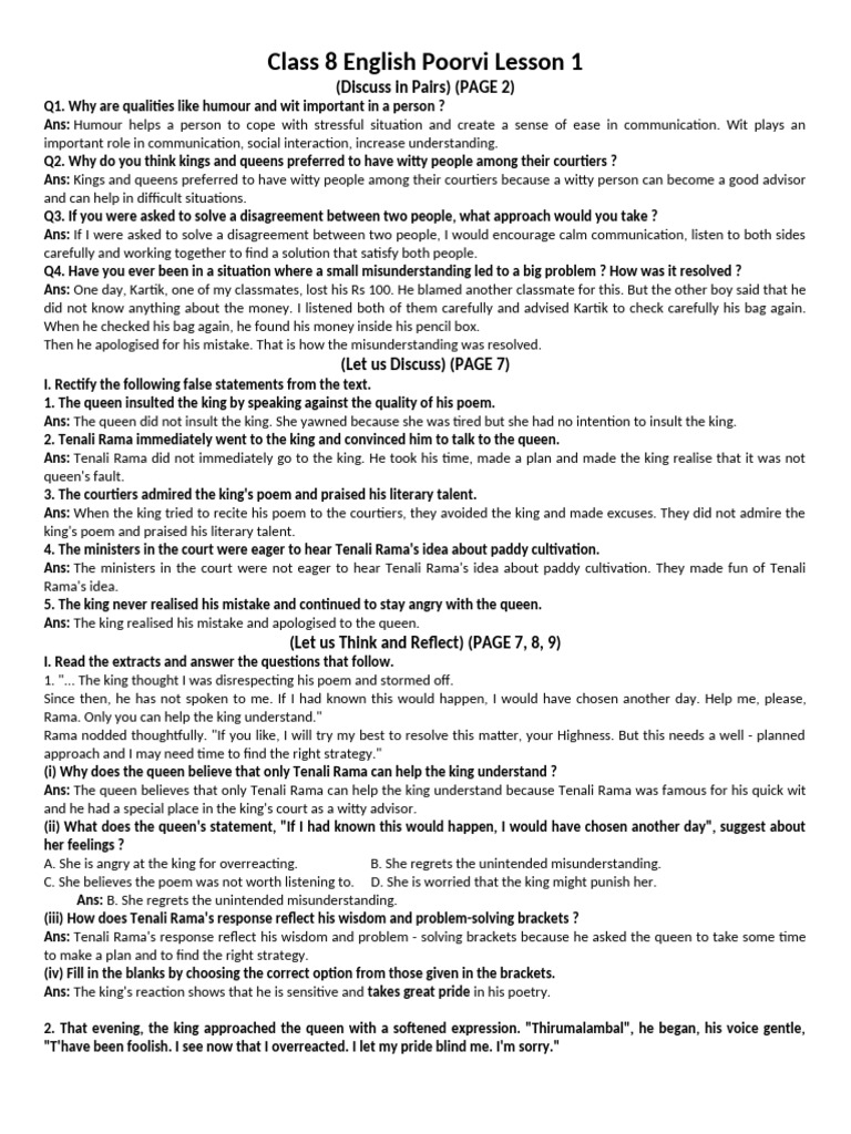Class 8 English Poorvi Lesson 1 Solutions | PDF | Poetry