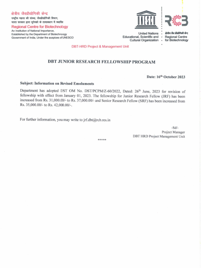 Revision in Emoluments DBT JRF Program | PDF