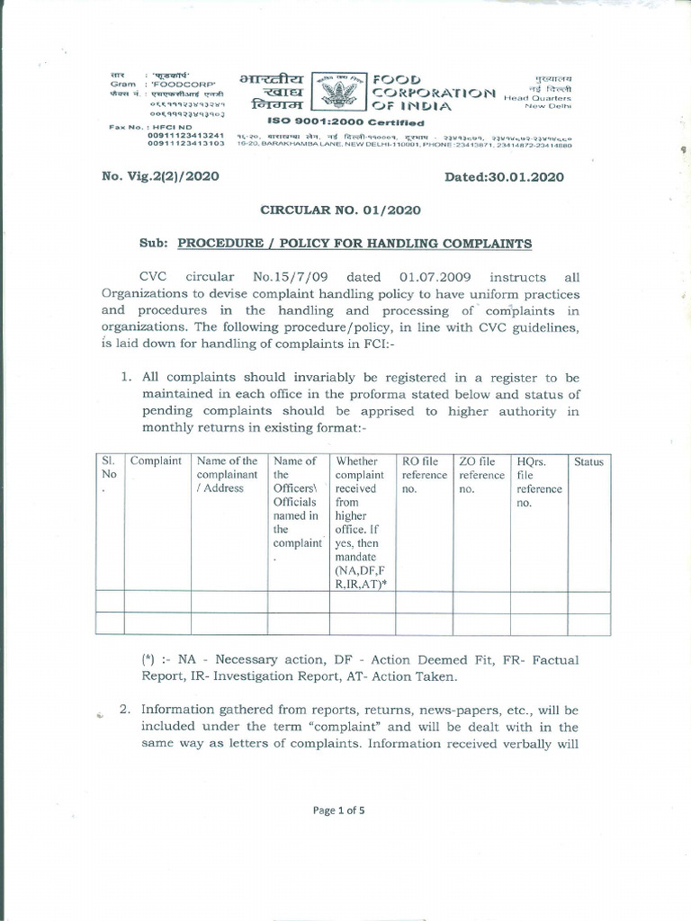 Vig. Circular 01 - 2020 Dt. 30.01.2020 Procedure For Handling ...