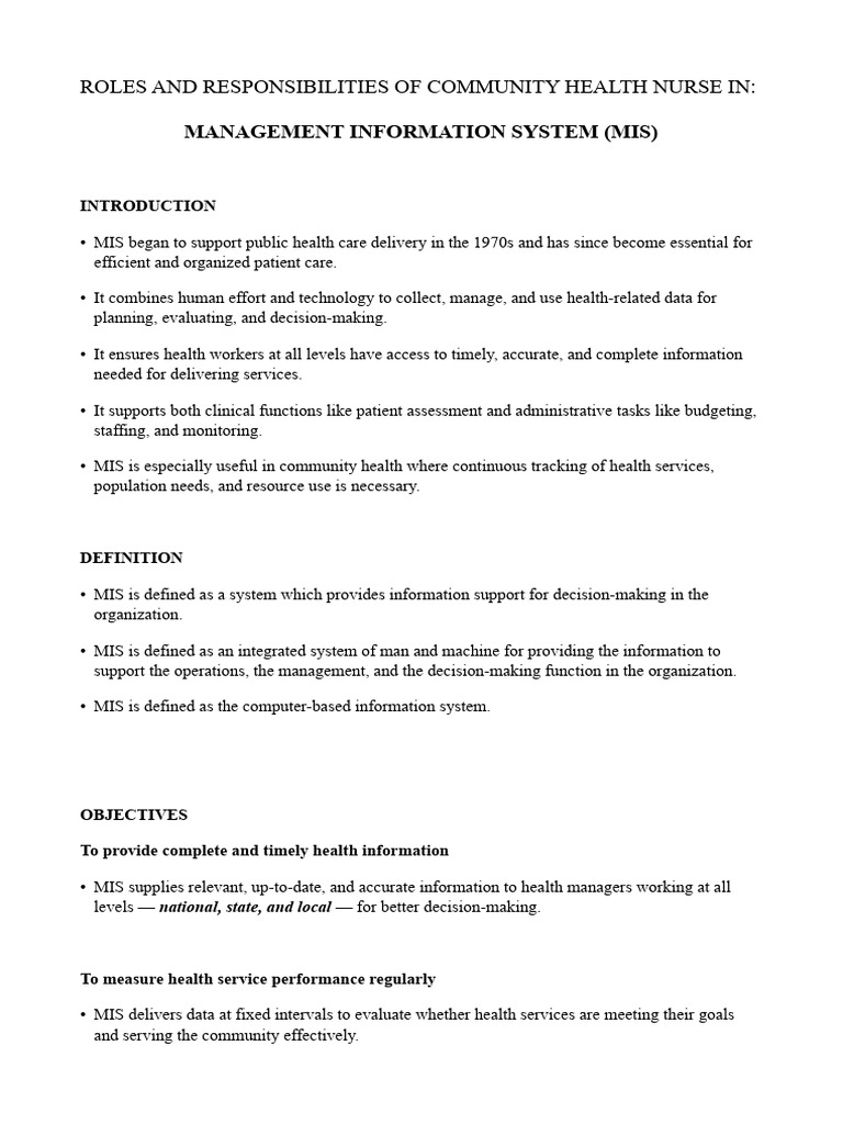 Community Health Nurse's Role in MIS | PDF | Nursing | Information