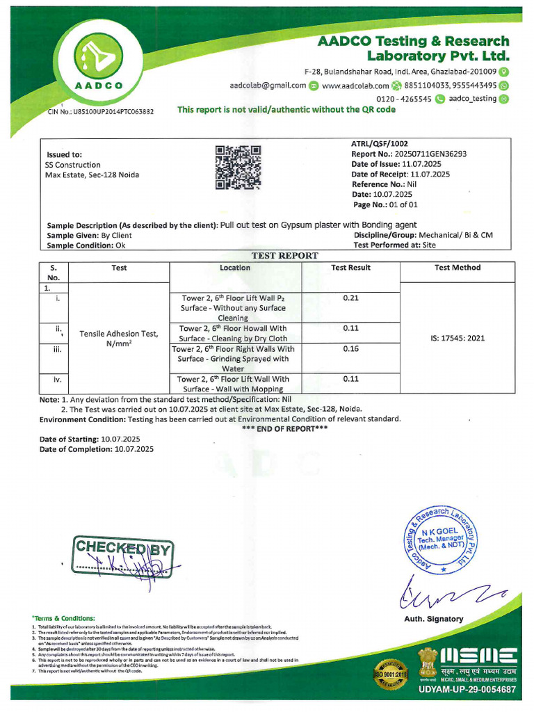 Sakarni Bonding Agent With Gypsum Pull Out Test Report | PDF
