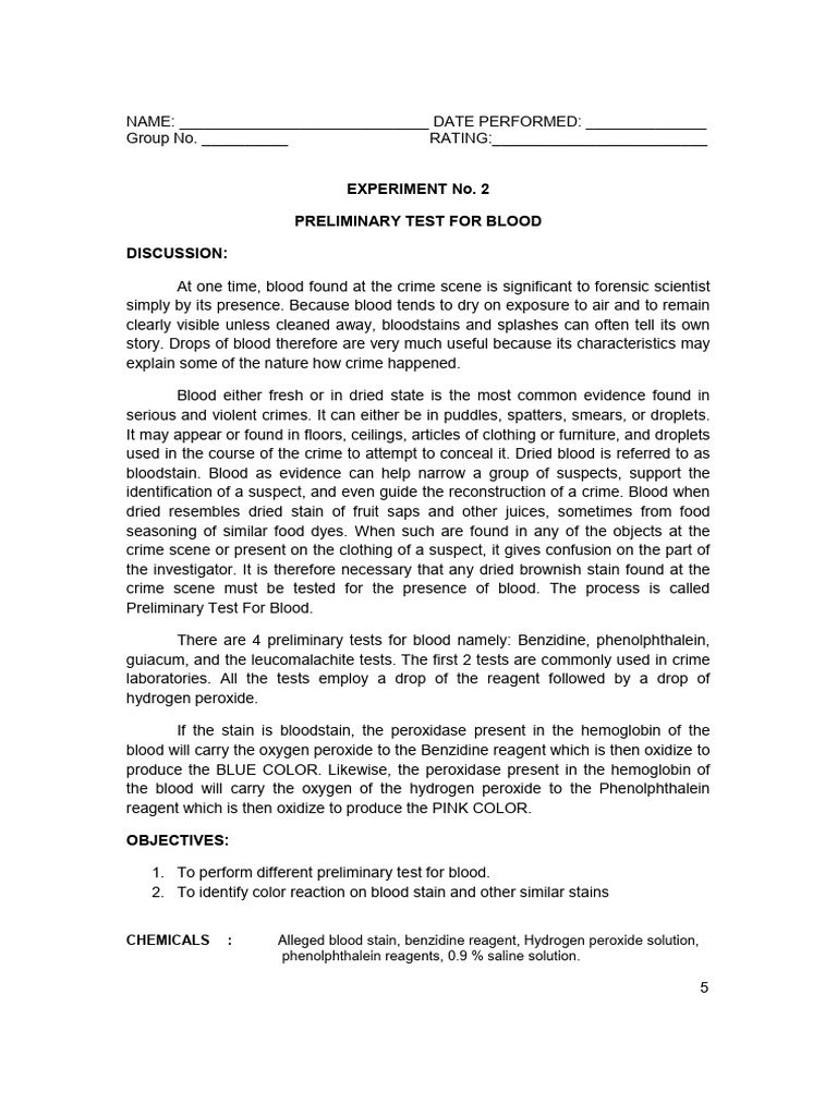 Benzidine Test for Blood Identification | PDF | Chemistry | Materials