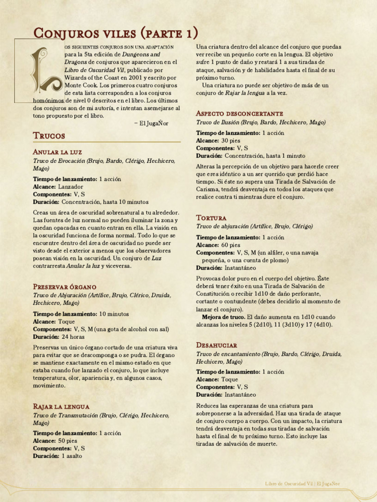 Conjuros Viles - Trucos | PDF