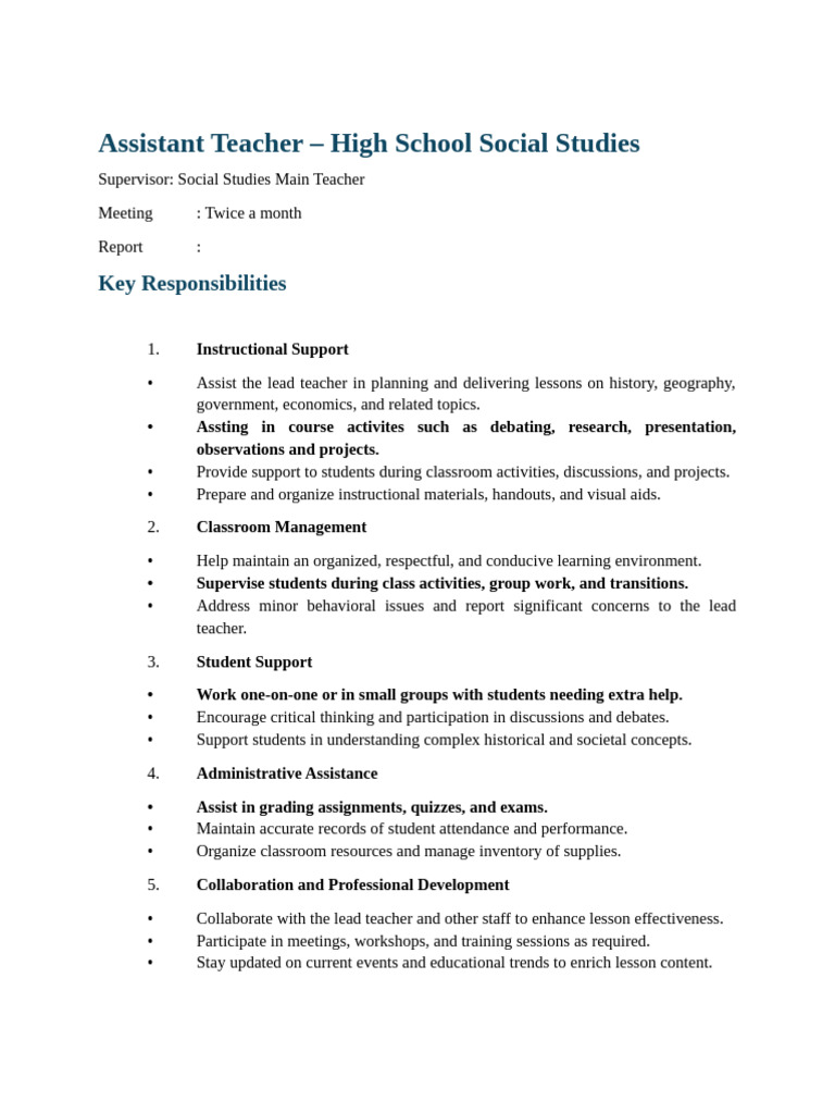 Assistant Teacher Social Studies | PDF | Teachers | Classroom Management