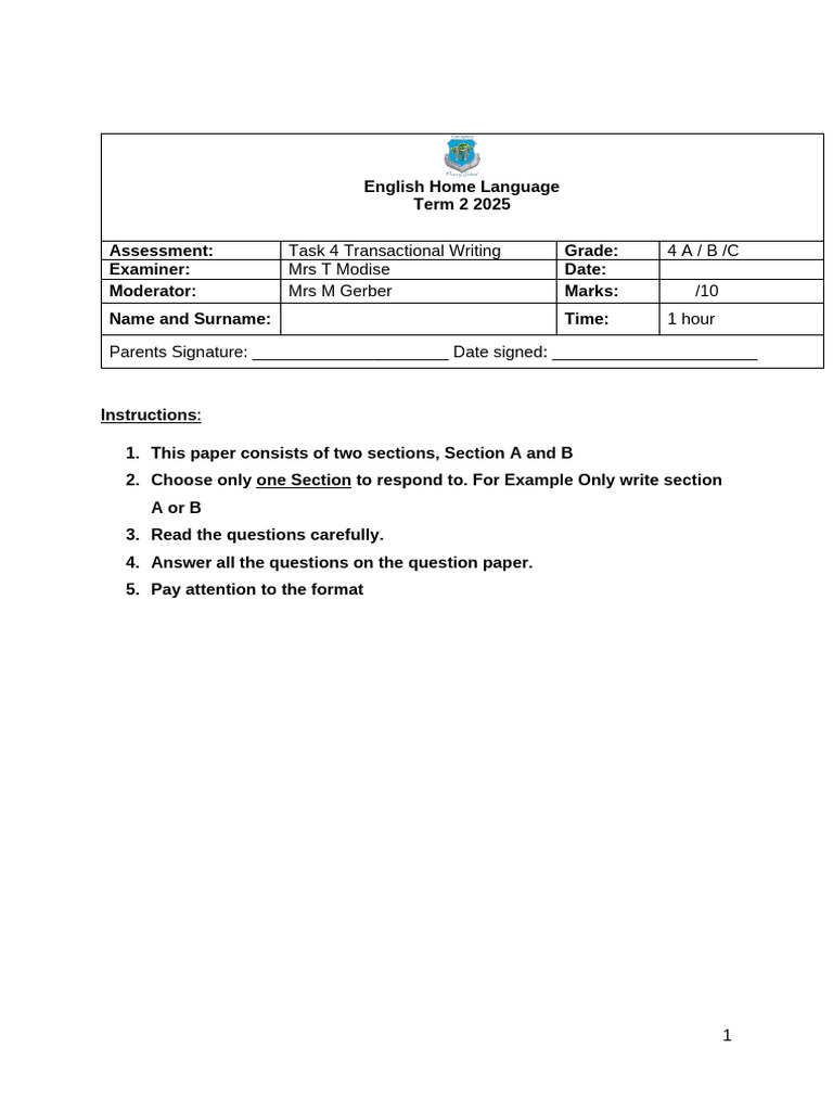 English Term 2 Transactional Text 2025 TASK 4 | PDF