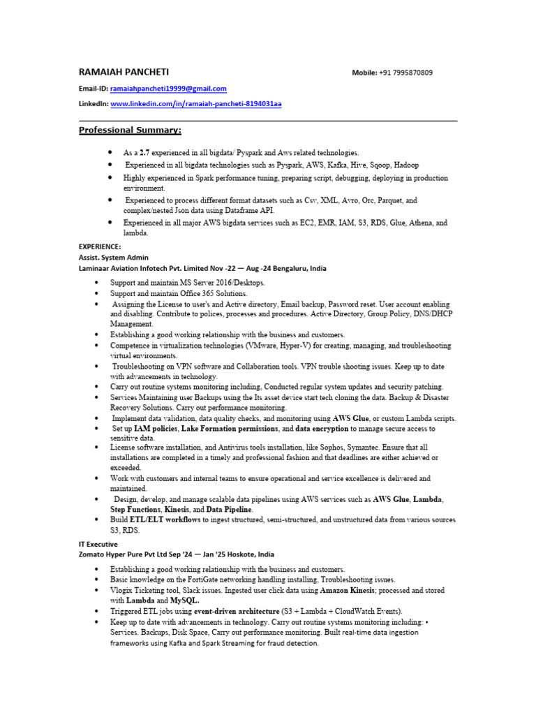 Bigdata Resume Ramaiah | PDF | Apache Spark | My Sql