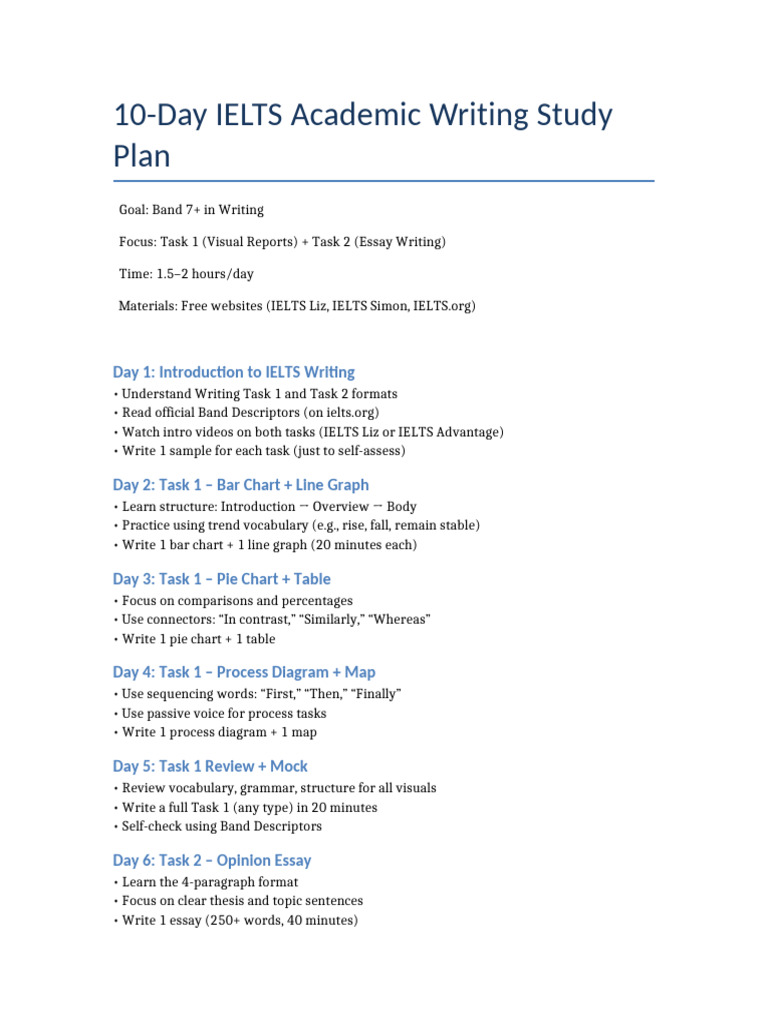 IELTS 10 Day Writing Study Plan | PDF