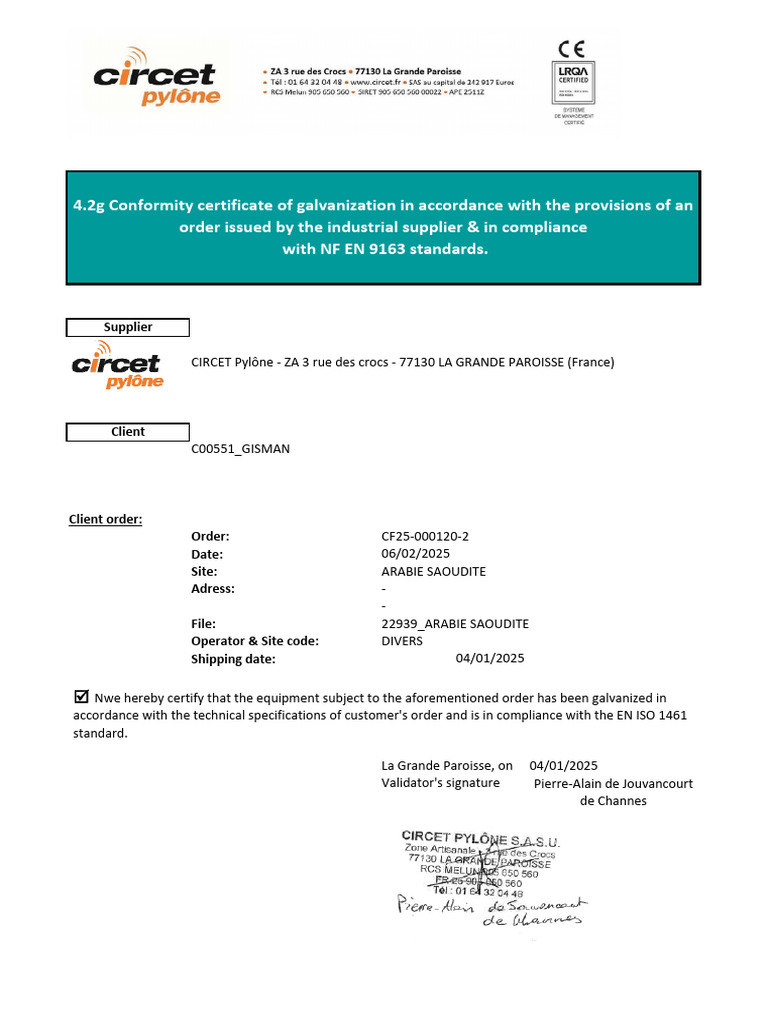 4.2g Conformity Certificate of Galvanization | PDF