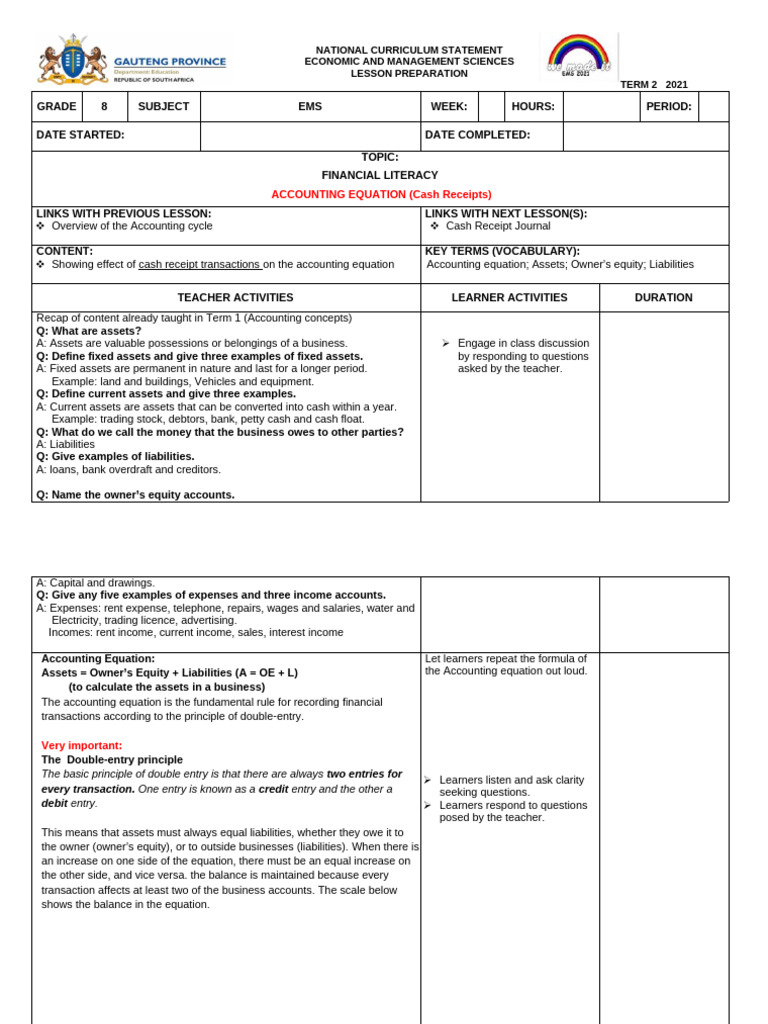Accounting Equation Lesson Plan | PDF | Debits And Credits | Equity ...