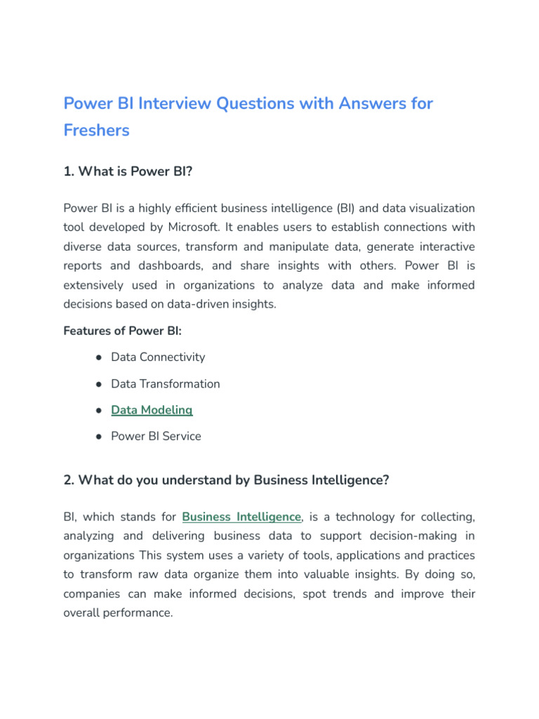 Power BI Interview Questions for Freshers | PDF | Microsoft Excel | Data