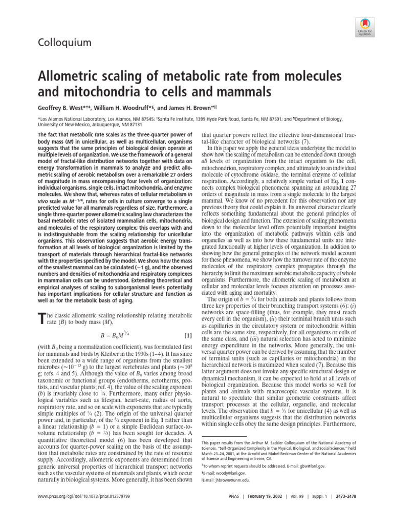 West Et Al Allometric Scaling of Metabolic Rate From Molecules and Mitochondria To Cells and ...