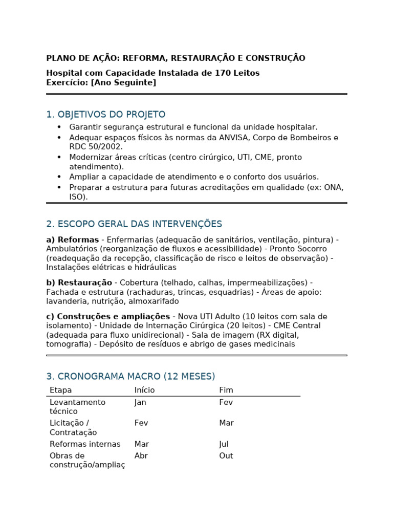 Plano de Ação para Reforma Hospitalar | PDF