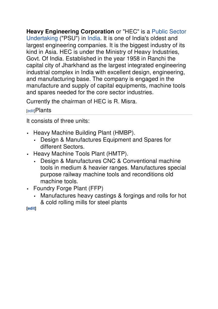 Heavy Engineering Corporation or "HEC" Is A: Public Sector Undertaking ...
