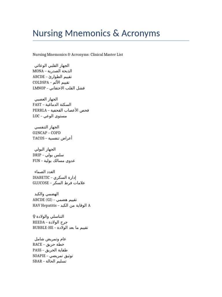 Nursing Mnemonics Acronyms Guide-١ | PDF