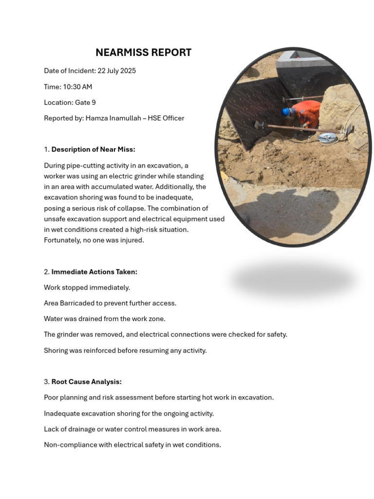 Near Miss Report: Excavation Safety Risks | PDF