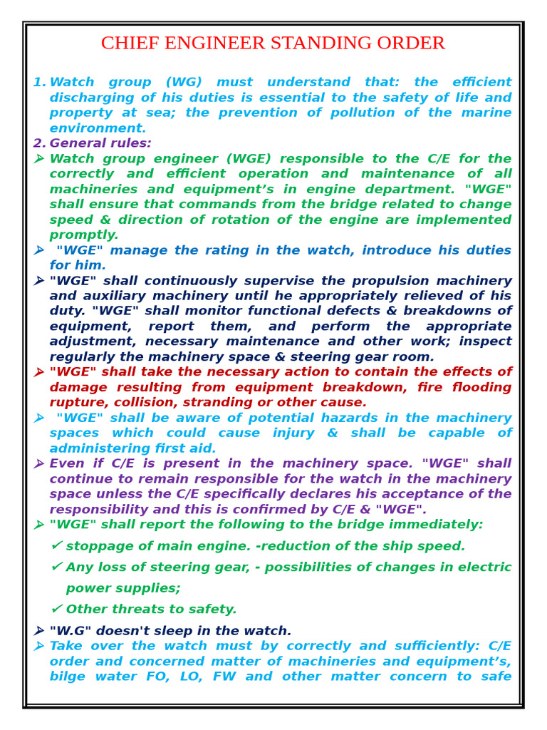 Chief Engineer Standing Orders Guide | PDF | Ships | Safety