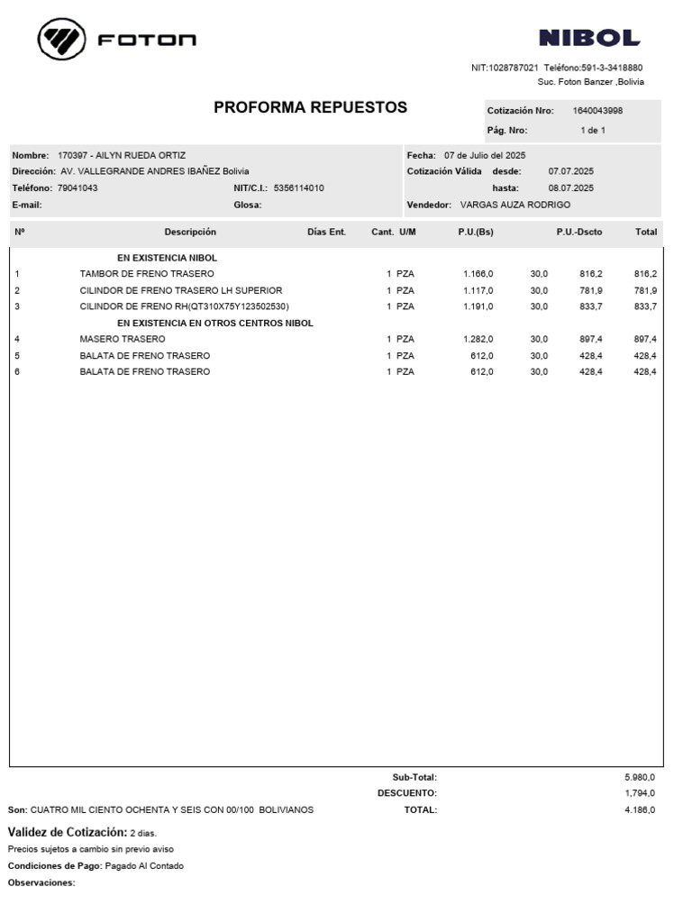 Proforma Repuestos: Validez de Cotización | PDF