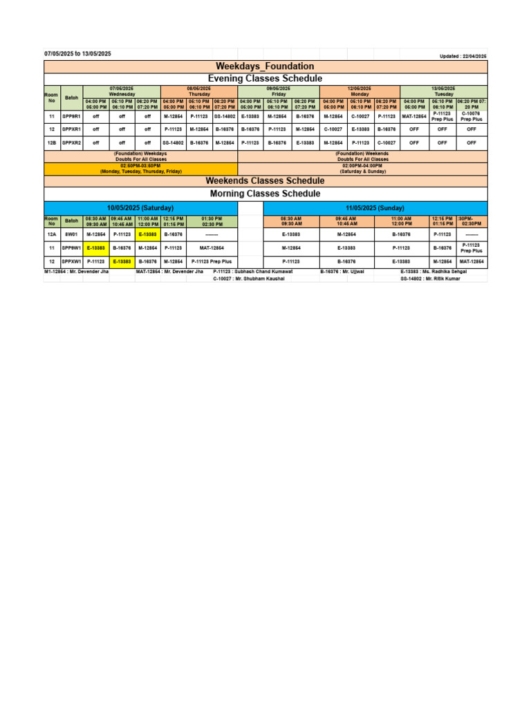 Time Table Foundation ENGG 2025-1 | PDF | Workweek And Weekend | Working Conditions