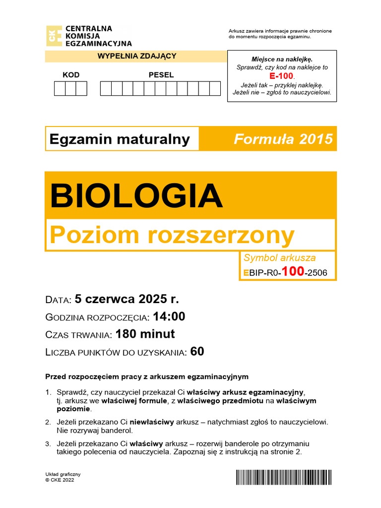 Arkusz CKE - Biologia - Czerwiec 2025 - Formuła 2015 | PDF