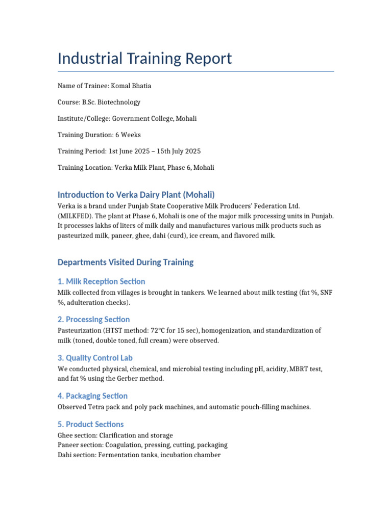 Verka Dairy Plant Training Insights | PDF