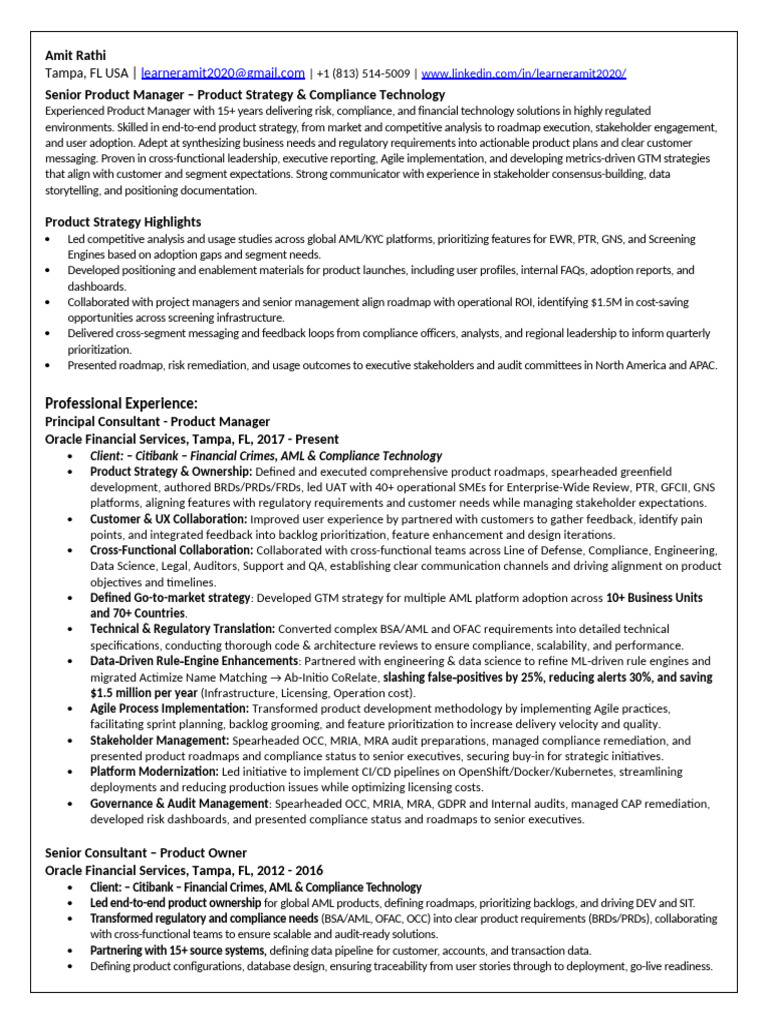 Amit Rathi Product Manager | PDF | Regulatory Compliance | Software Development Process