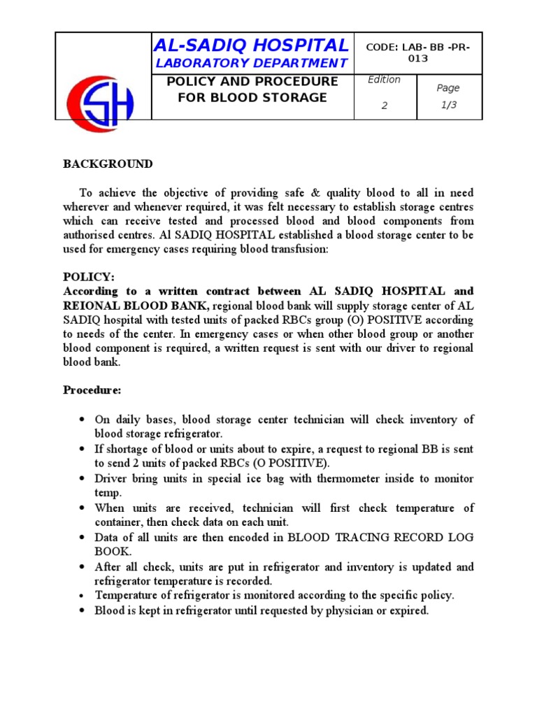 Blood Storage Policy at Al-Sadiq Hospital | PDF | Blood | Serology