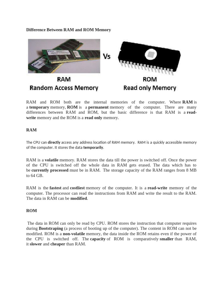 Difference Between RAM and ROM Memory | PDF | Random Access Memory | Read Only Memory