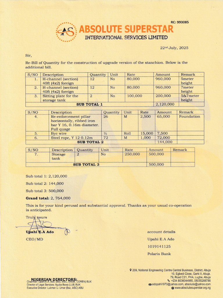 Bill of Quantity - 20250722 - 0001 | PDF