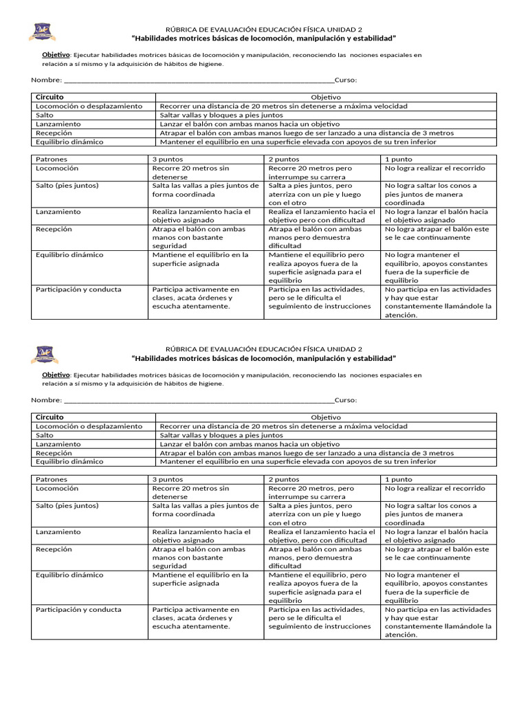 Rúbrica Eval. Ed. Física Uni 2 1° y 2° Básico | PDF