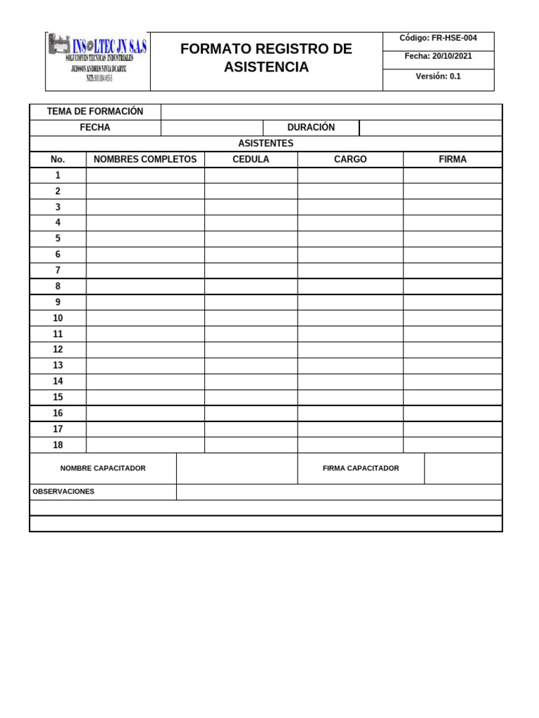 Fr-Hse-004 Formato Registro de Asistencia | PDF