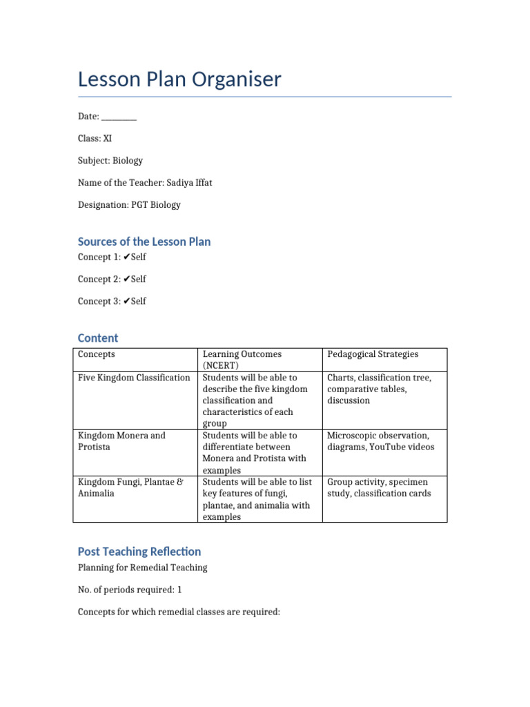 Class 11 Biology Lesson Plan Overview | PDF | Learning | Biology