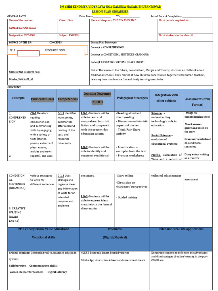 Class 9 English Lesson Plan Overview | PDF | Reading Comprehension ...