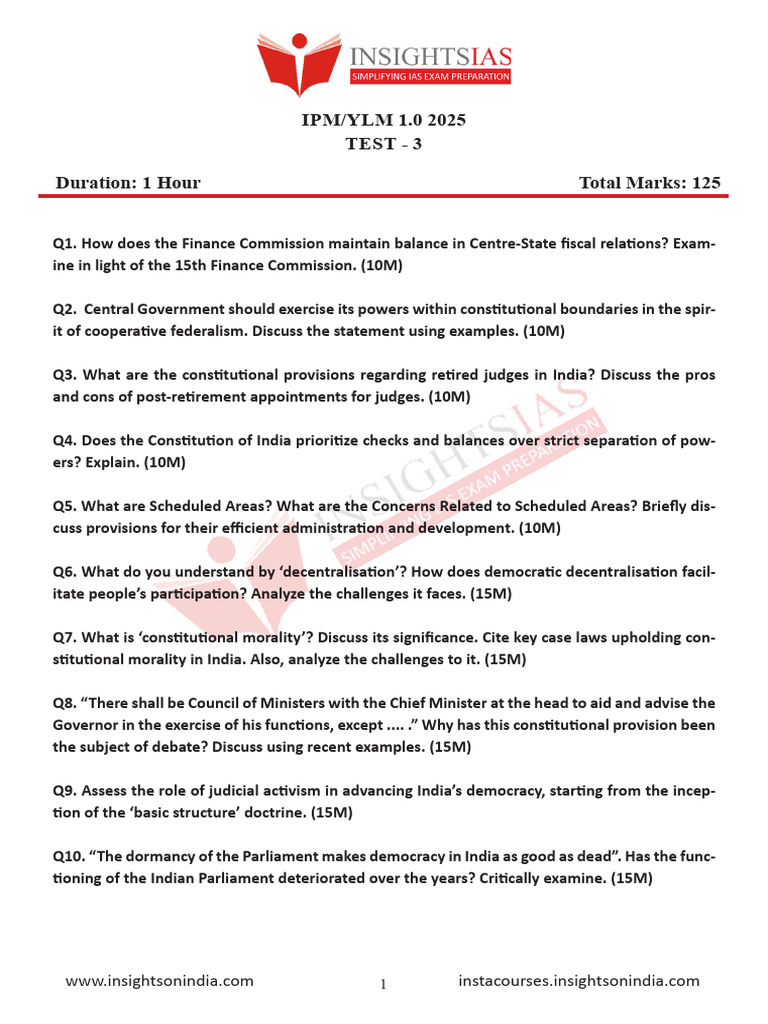 Insight Ias Mains (Ipm) Test 3 | PDF | Separation Of Powers | Governance
