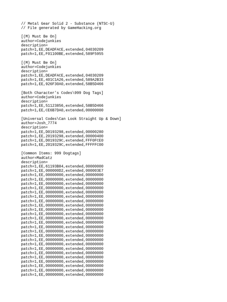 Metal Gear Solid 2 Cheat Codes | PDF