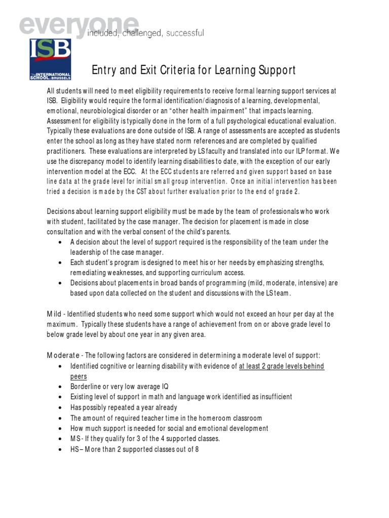 Entry and Exit Criteria For Learning Support | PDF | Learning ...