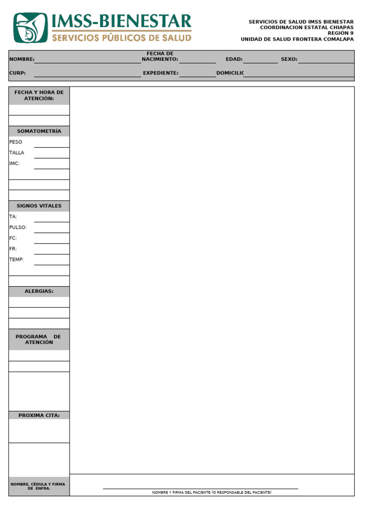 Formato de Nota Médica IMSS Bienestar | PDF