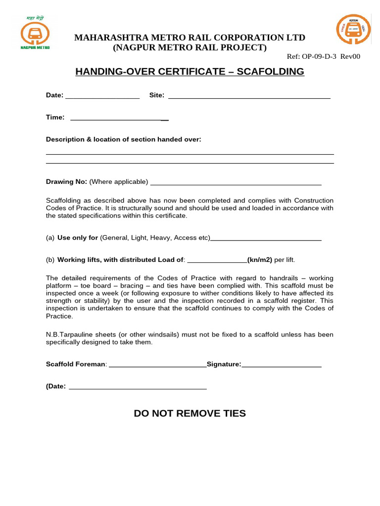 OP-09 D-3 Scaffold Hand Over Certificate | PDF