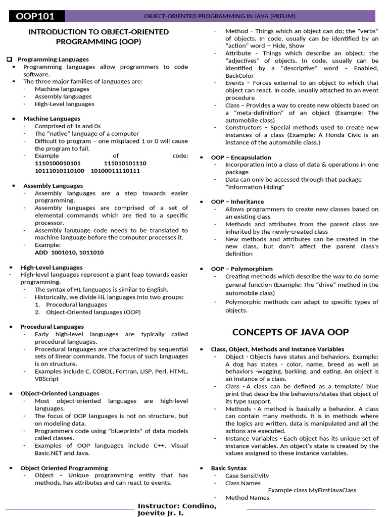 Oop101 Handouts | PDF | Class (Computer Programming) | Object Oriented Programming