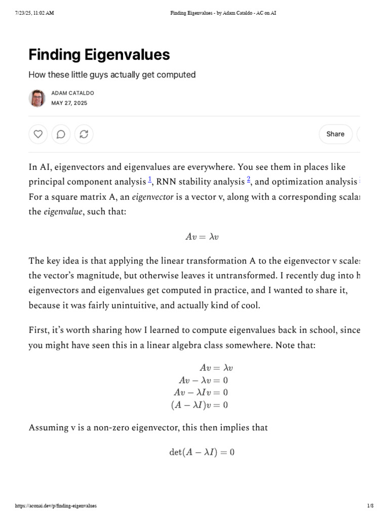 Finding Eigenvalues - by Adam Cataldo - AC On AI | PDF | Eigenvalues And Eigenvectors | Matrix ...